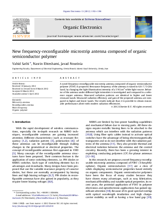 Pdf New Frequency Reconfigurable Microstrip Antenna Composed Of Organic Semiconductor Polymer