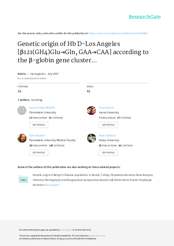 (PDF) Genetic Origin of Hb D-Los Angeles [β121(GH4)Glu→Gln, G AA→ C AA ...