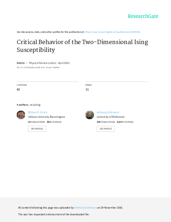 (PDF) Critical Behavior of the Two-Dimensional Ising Susceptibility