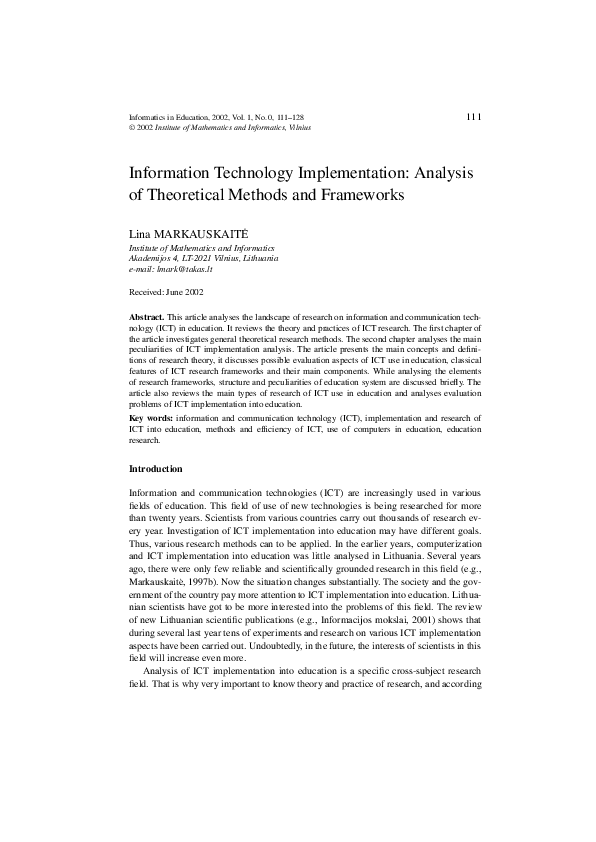 (PDF) Information Technology Implementation: Analysis of Theoretical ...