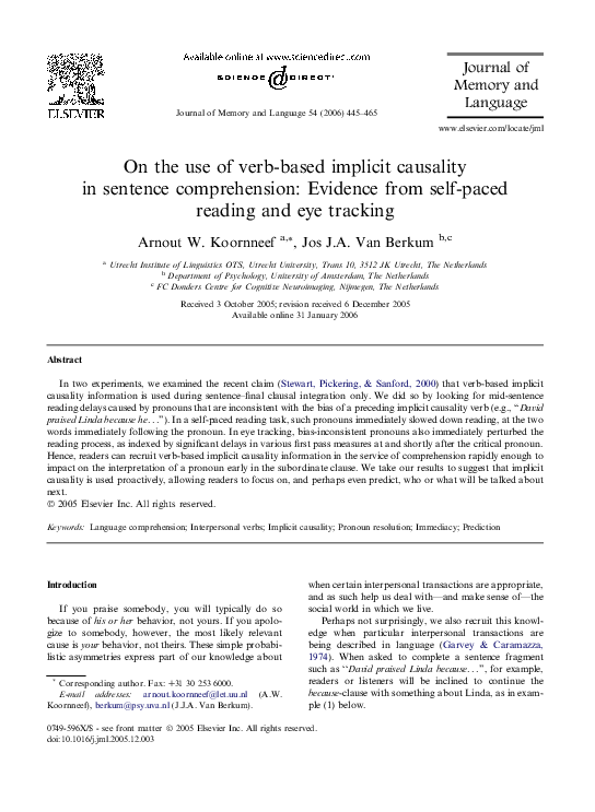 Pdf On The Use Of Verb Based Implicit Causality In Sentence