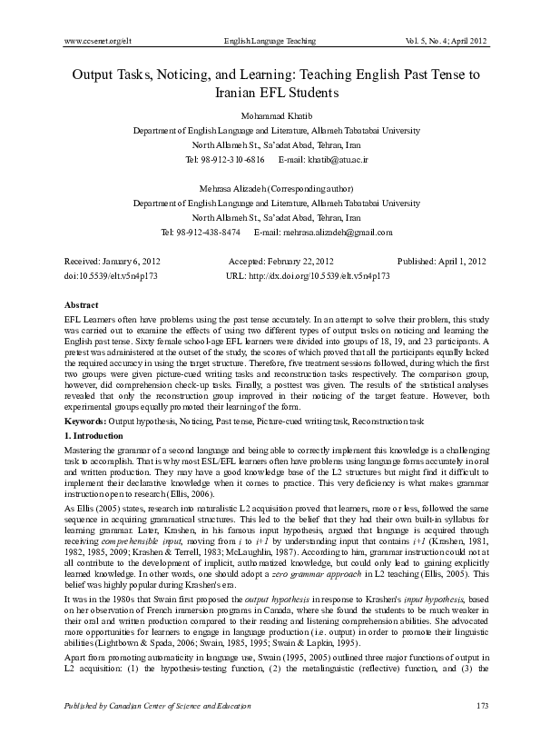 (PDF) Output Tasks, Noticing, and Learning: Teaching English Past Tense ...