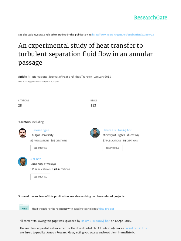 (PDF) An experimental study of heat transfer to turbulent separation ...