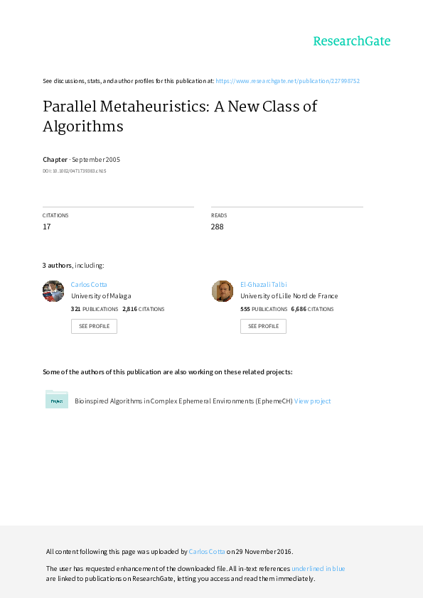Pdf Parallel Metaheuristics A New Class Of Algorithms