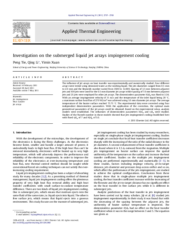 (PDF) Investigation on the submerged liquid jet arrays impingement cooling