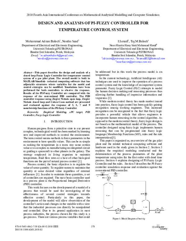 Pdf Design And Analysis Of Pi Fuzzy Controller For Temperature Control System
