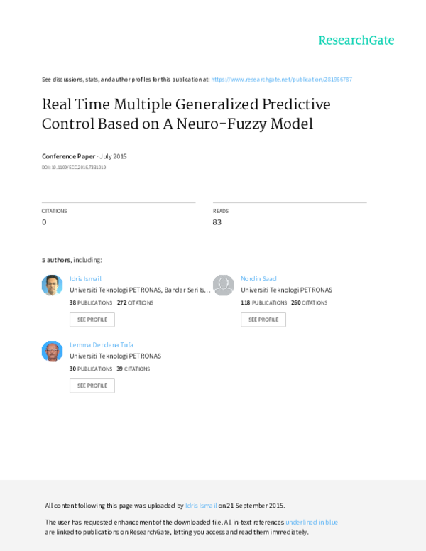Pdf Real Time Multiple Generalized Predictive Control Based On A Neuro Fuzzy Model