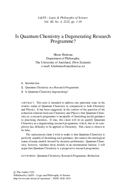 (PDF) Is Quantum Chemistry a Degenerating Research Programme? | Hinne ...