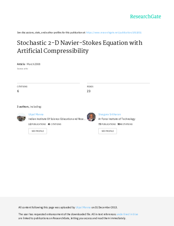 (PDF) Stochastic 2-D Navier-Stokes Equation with Artificial Compressibility