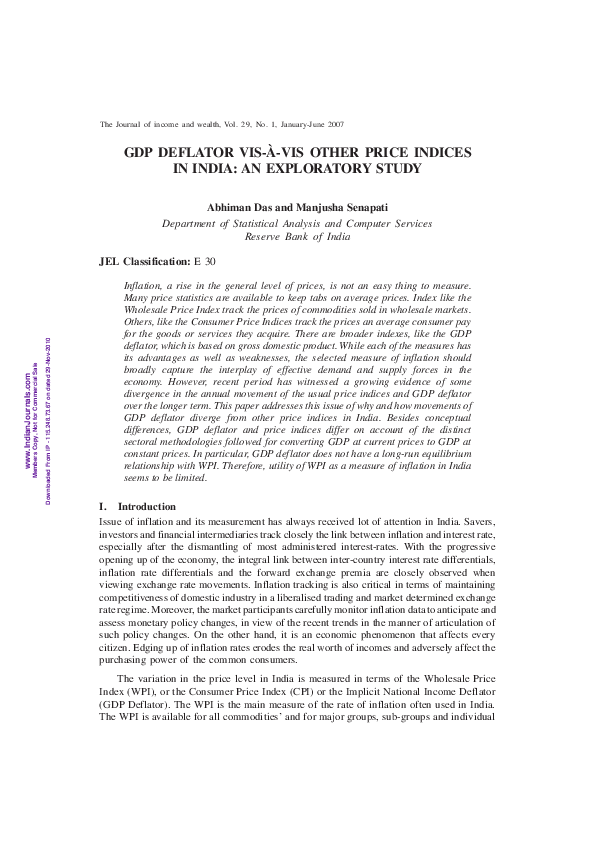 (PDF) GDP DEFLATOR VIS-À-VIS OTHER PRICE INDICES IN INDIA: AN ...