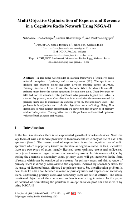 (PDF) Multi Objective Optimization of Expense and Revenue in a Cognitive Radio Network Using NSGA-II