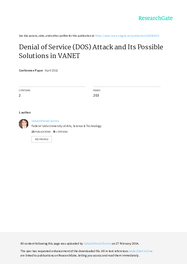 (PDF) Denial of Service (DOS) Attack and Its Possible Solution in VANET