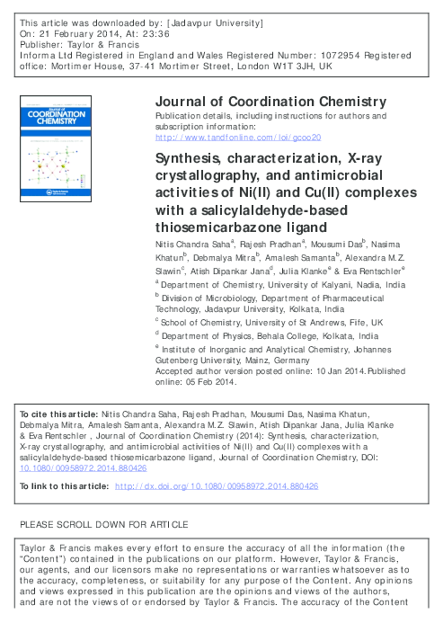 (PDF) Synthesis, characterization, X-ray crystallography, and antimicrobial activities of Ni(II ...