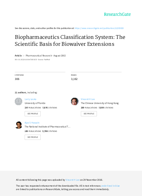 (PDF) Biopharmaceutics classification system: the scientific basis for ...