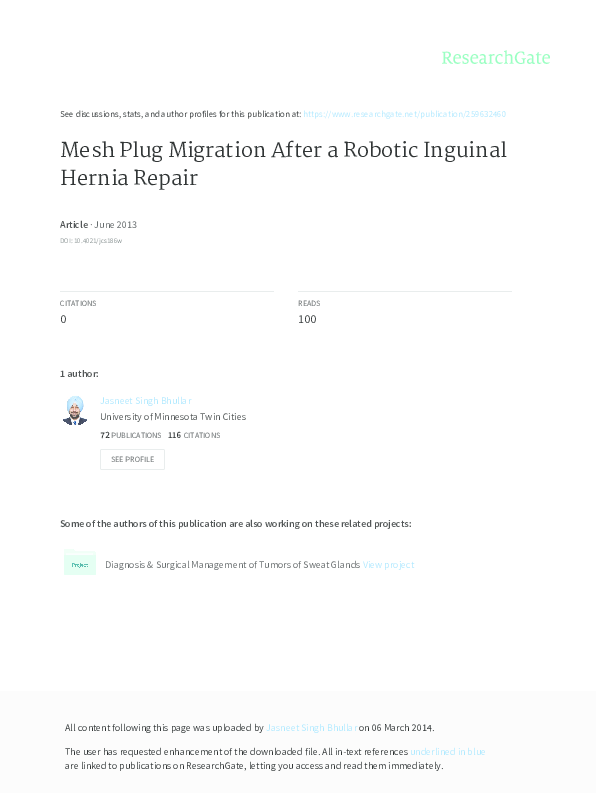 (PDF) Mesh Plug Migration After a Robotic Inguinal Hernia Repair