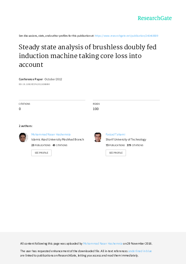 Pdf Steady State Analysis Of Brushless Doubly Fed Induction Machine Taking Core Loss Into Account