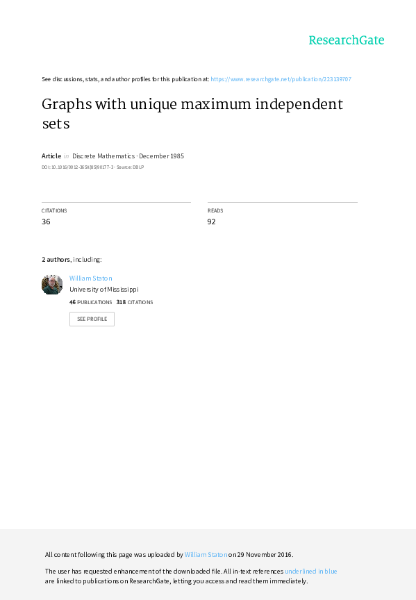(PDF) Graphs with unique maximum independent sets