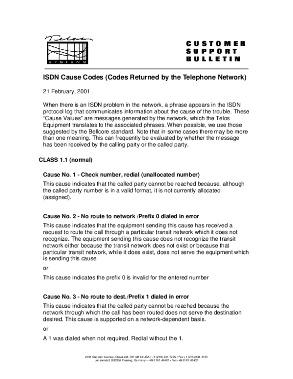 (PDF) ISDN Cause Codes (Codes Returned by the Telephone Network