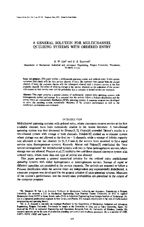 (PDF) A general solution for multichannel queueing systems with ordered entry