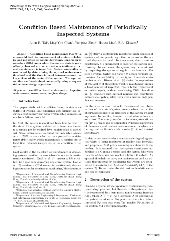 (PDF) Condition Based Maintenance of Periodically Inspected Systems