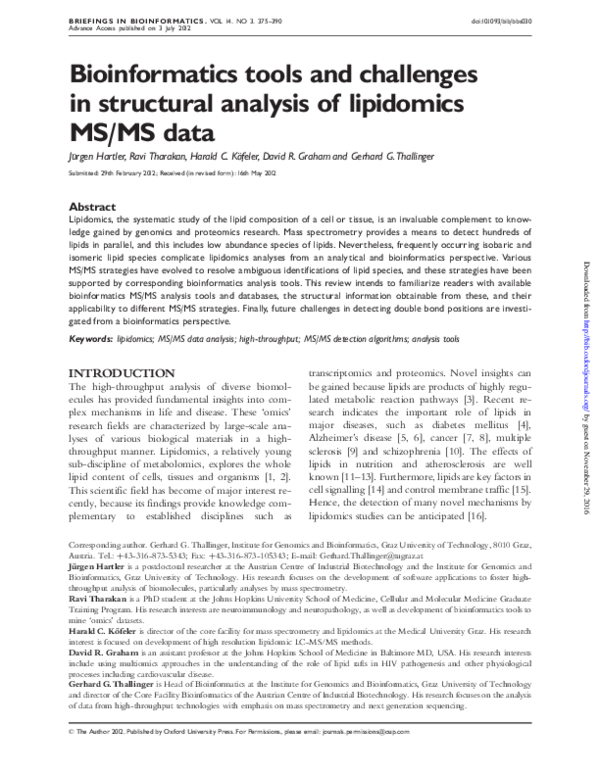 (PDF) Bioinformatics tools and challenges in structural analysis of lipidomics MS/MS data