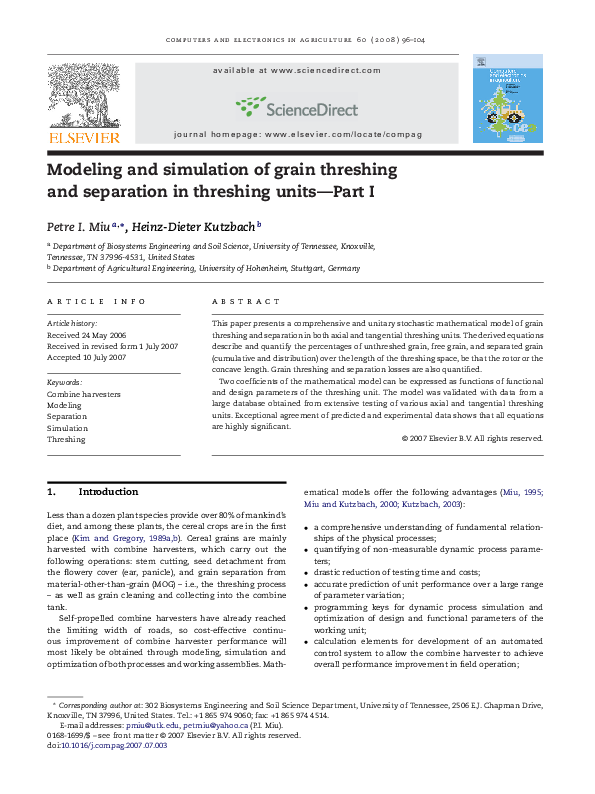 Pdf Modeling And Simulation Of Grain Threshing And Separation In Threshing Units—part I