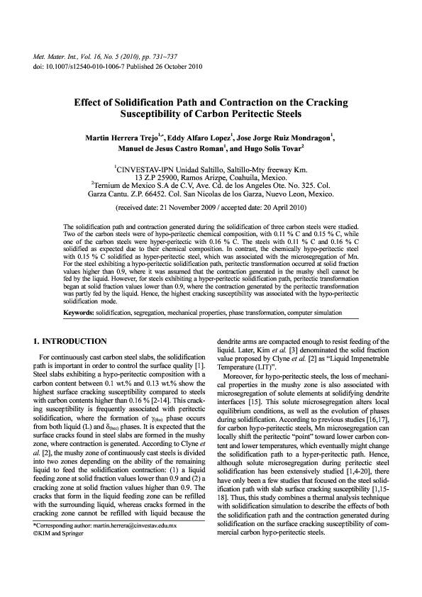 Pdf Effect Of Solidification Path And Contraction On The Cracking Susceptibility Of Carbon