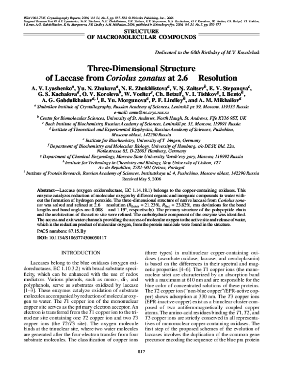 (PDF) Three-Dimensional Structure of Laccase from Coriolus zonatus at 2 ...