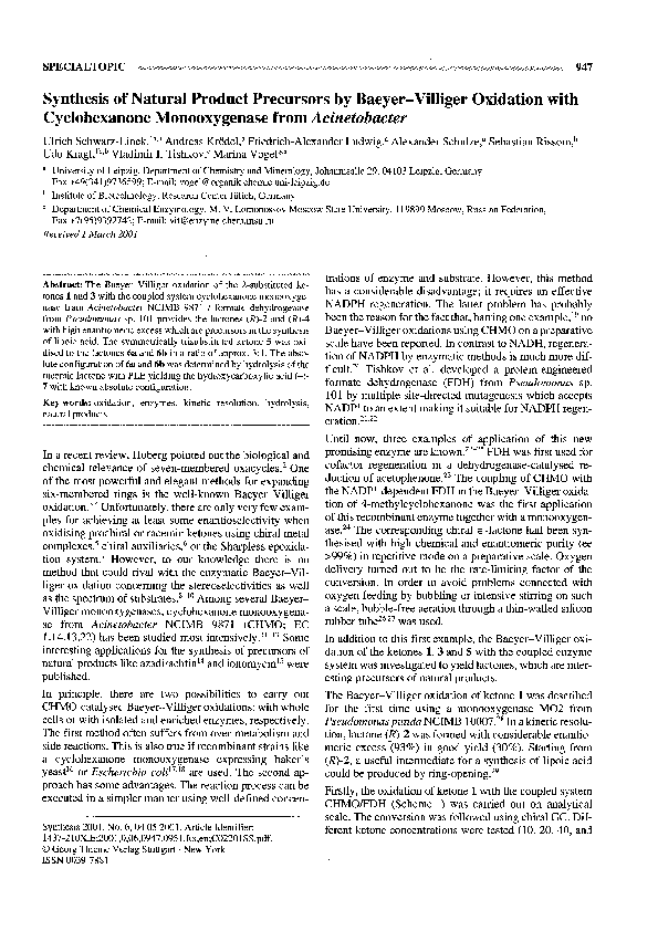 (PDF) Synthesis of Natural Product Precursors by Baeyer-Villiger ...
