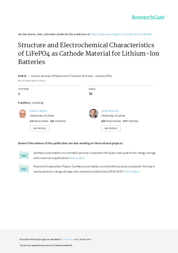 (PDF) Structure and electrochemical characteristics of LiFePO4 as cathode material for lithium ...