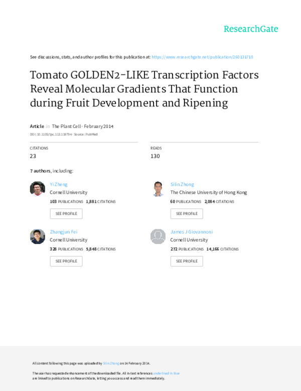 (PDF) Tomato GOLDEN2-LIKE Transcription Factors Reveal Molecular Gradients That Function during ...