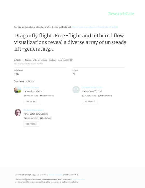 (PDF) Dragonfly flight: free-flight and tethered flow visualizations reveal a diverse array of ...