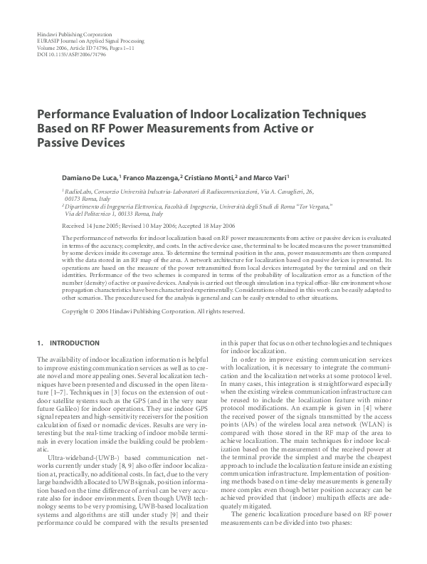 Pdf Performance Evaluation Of Indoor Localization Techniques Based On