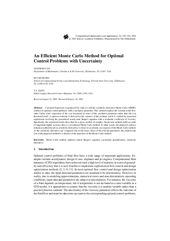 Pdf An Efficient Monte Carlo Method For Optimal Control Problems With