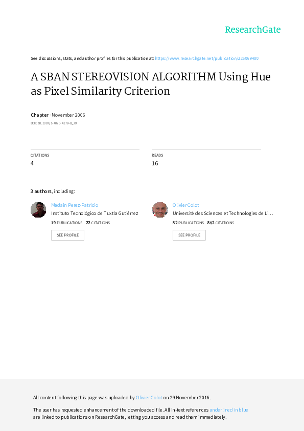 (PDF) A SBAN STEREOVISION ALGORITHM Using Hue as Pixel Similarity Criterion