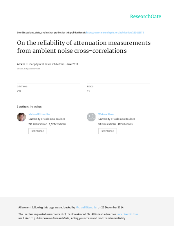 (PDF) On the reliability of attenuation measurements from ambient noise cross-correlations
