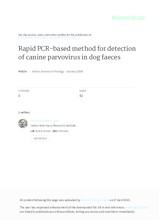 (PDF) Rapid PCR-based method for detection of canine parvovirus in dog ...