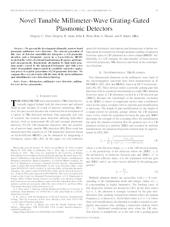 (PDF) Novel Tunable Millimeter-Wave Grating-Gated Plasmonic Detectors