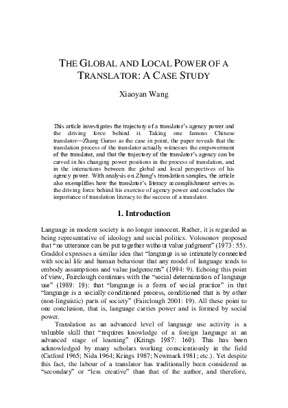 (PDF) THE GLOBAL AND LOCAL POWER OF A TRANSLATOR: A CASE STUDY