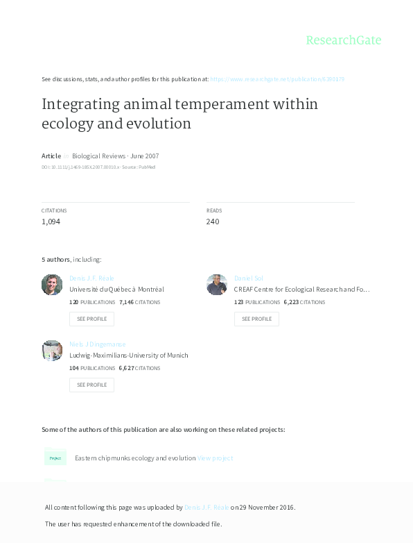 (PDF) Integrating animal temperament within ecology and evolution