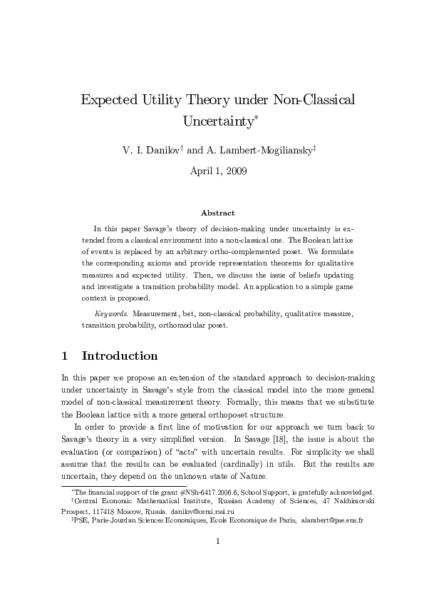 (PDF) Expected utility theory under non-classical uncertainty