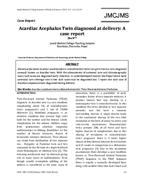 (PDF) Acardiac Acephalus Twin diagnosed at delivery: A case report