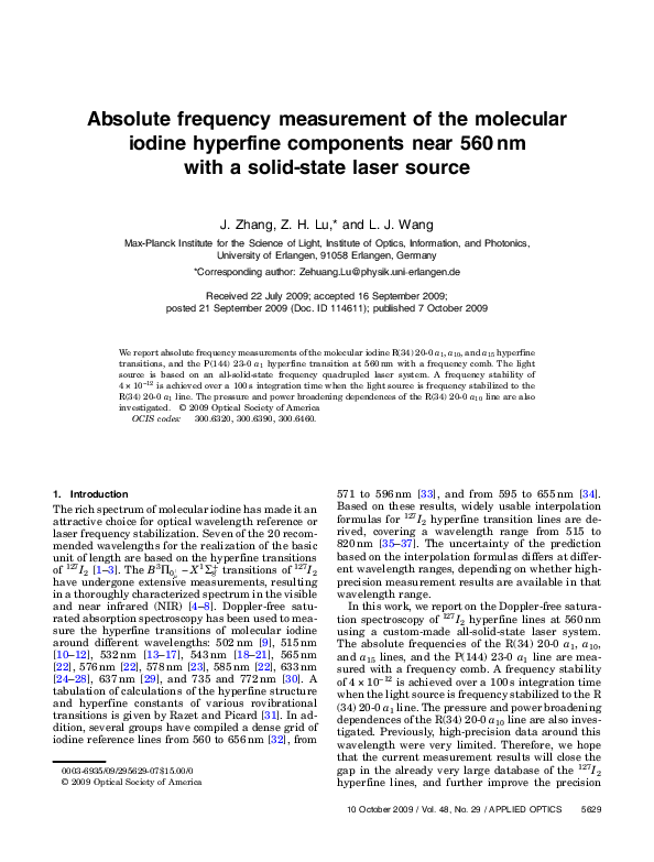 (PDF) Absolute frequency measurement of molecular iodine lines at 514.7 ...