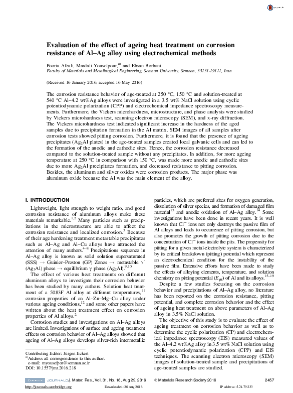 (PDF) Evaluation of the effect of ageing heat treatment on corrosion resistance of Al–Ag alloy ...