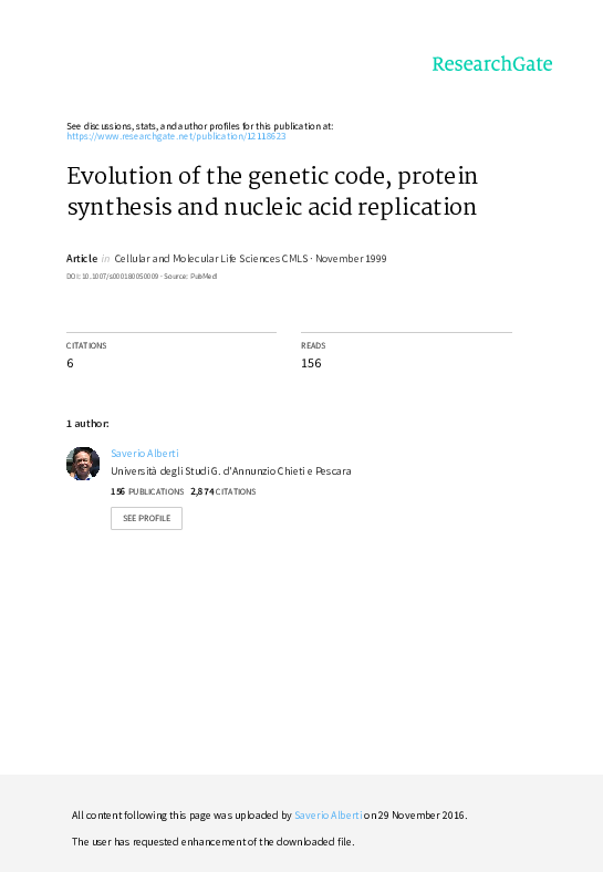 (PDF) Evolution of the genetic code, protein synthesis and nucleic acid ...