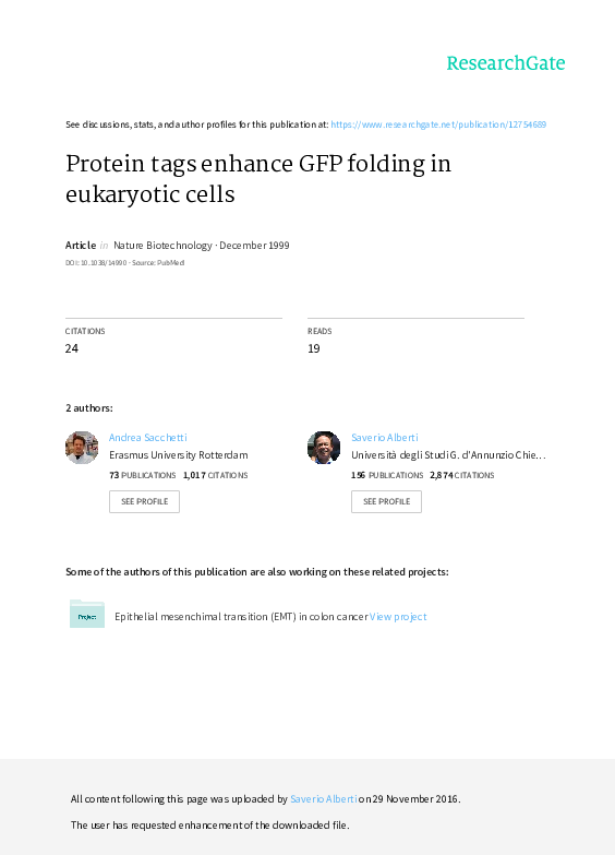 (PDF) Protein tags enhance GFP folding in eukaryotic cells | Saverio ...