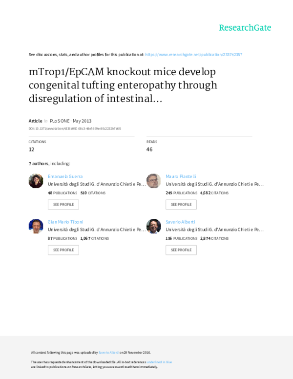 (PDF) mTrop1/Epcam Knockout Mice Develop Congenital Tufting Enteropathy ...