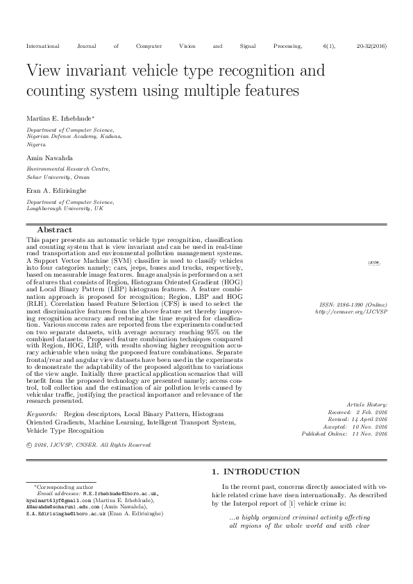 Pdf View Invariant Vehicle Type Recognition And Counting System Using