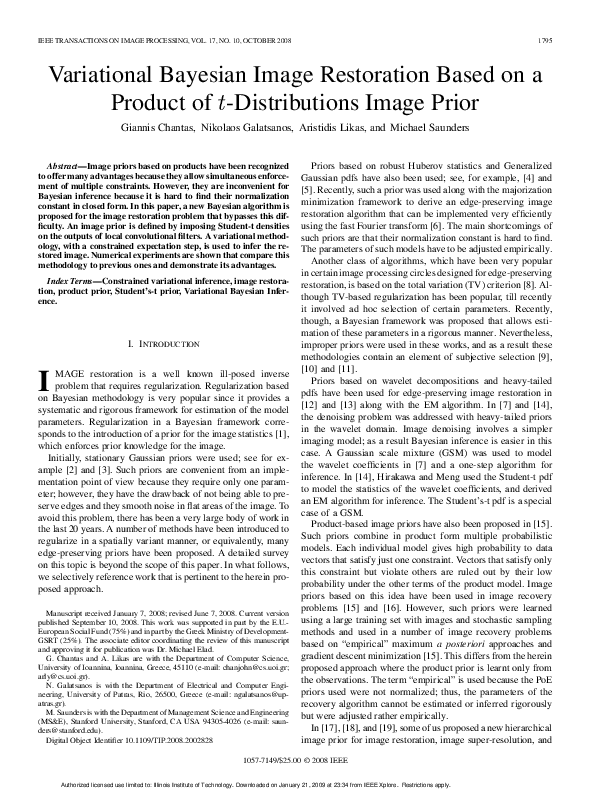 Pdf Variational Bayesian Image Restoration Based On A Product Of T Distributions Image Prior