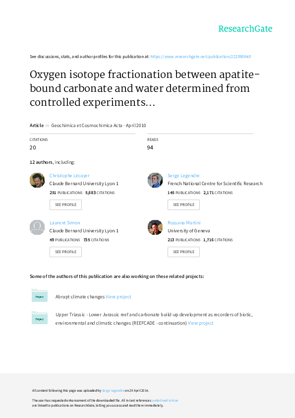 (PDF) Oxygen isotope fractionation between apatite-bound carbonate and ...